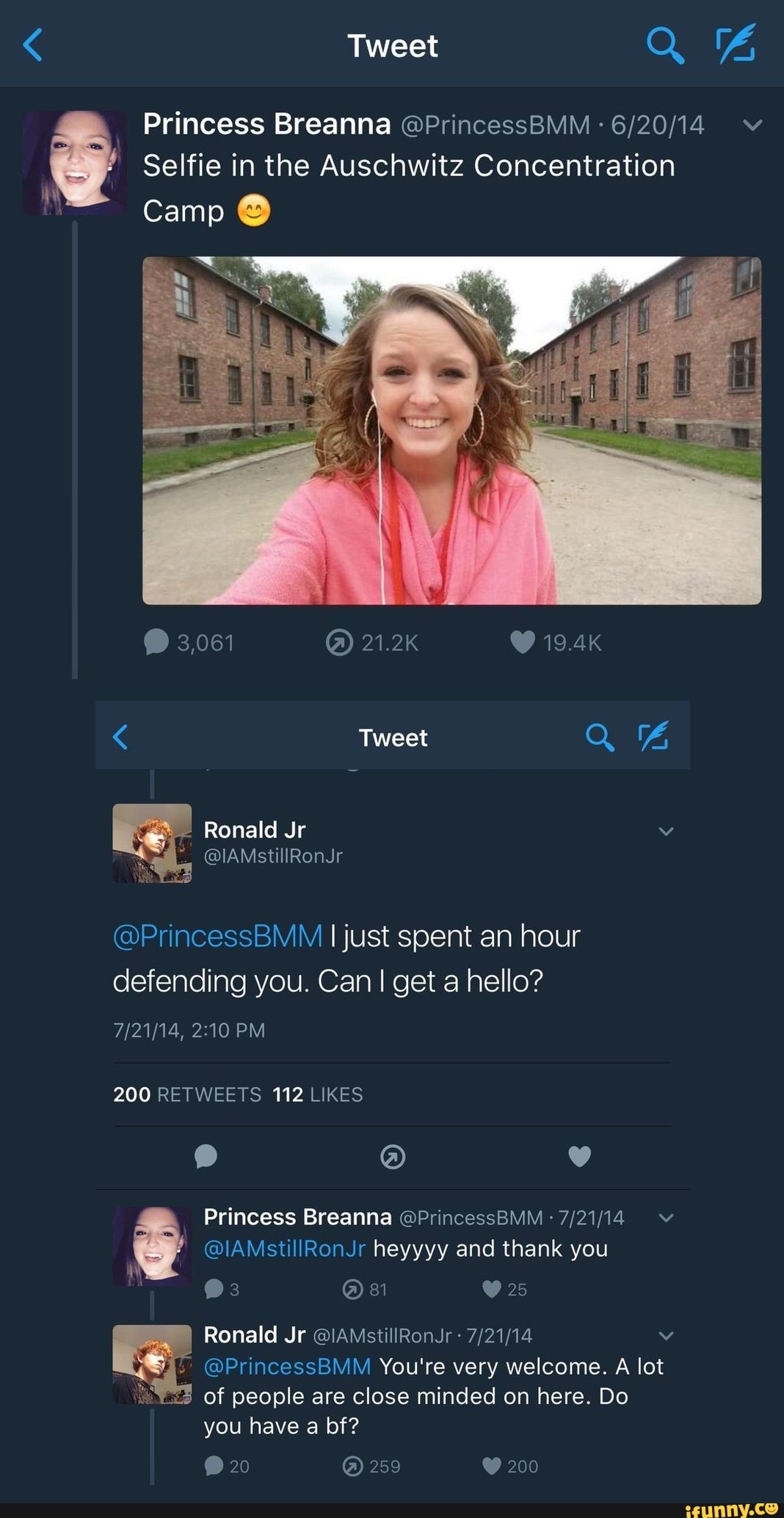 Tweet Princess Breanna Selfie in the Auschwitz Concentration Camp 3,061 ...