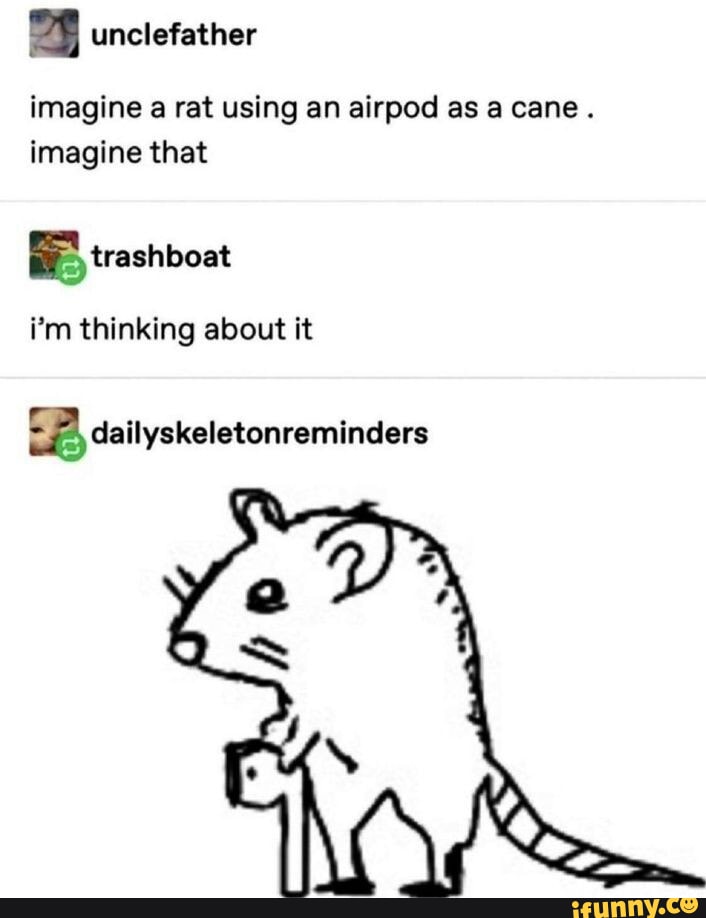 Imagine a rat using an airpod as a cane. imagine that trashboat i'm ...