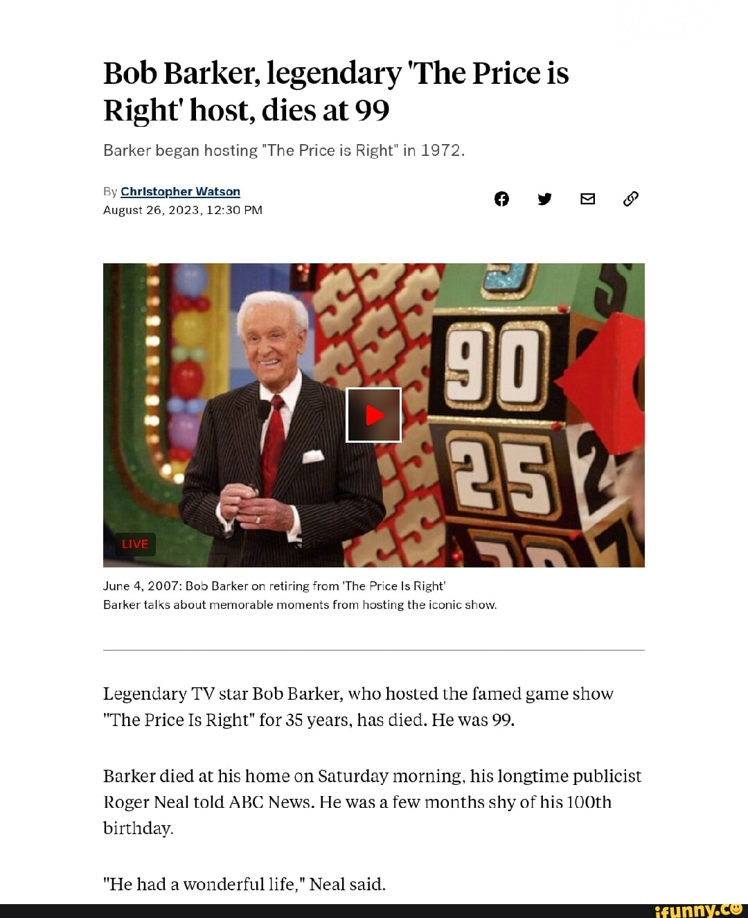 Bob Barker, legendary 'The Price is Right' host, dies at 99 Barker began hosting "The Price is ...