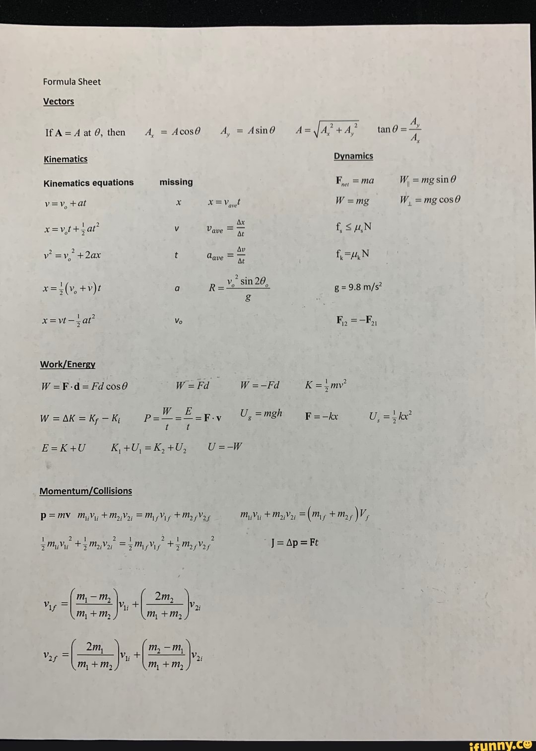 Formula Sheet Vectors If A= A at then Acos@ A= Kinematics Kinematics ...