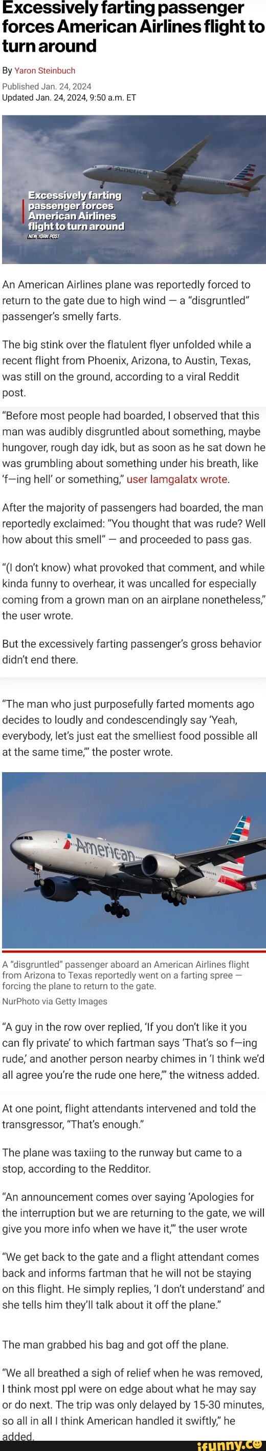 Excessively farting passenger forces American Airlines flight to turn ...