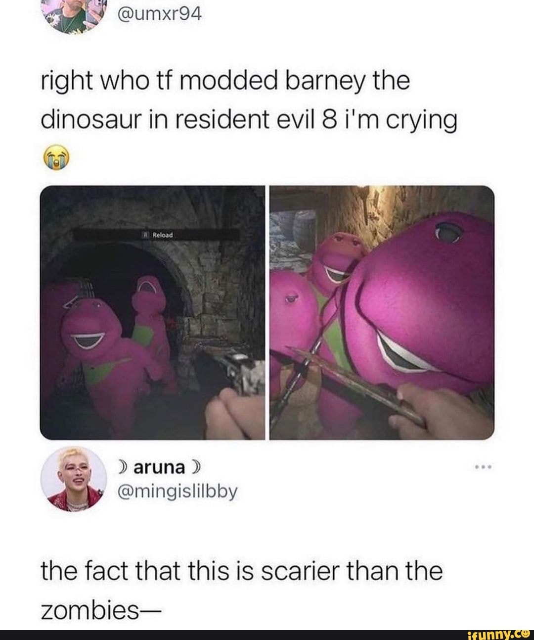 Right who tf modded barney the dinosaur in resident evil 8 i'm crying ...