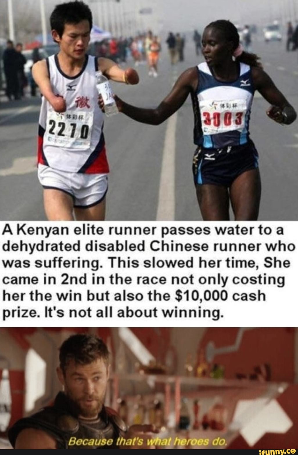 A Kenyan elite runner passes water to a dehydrated disabled Chinese ...