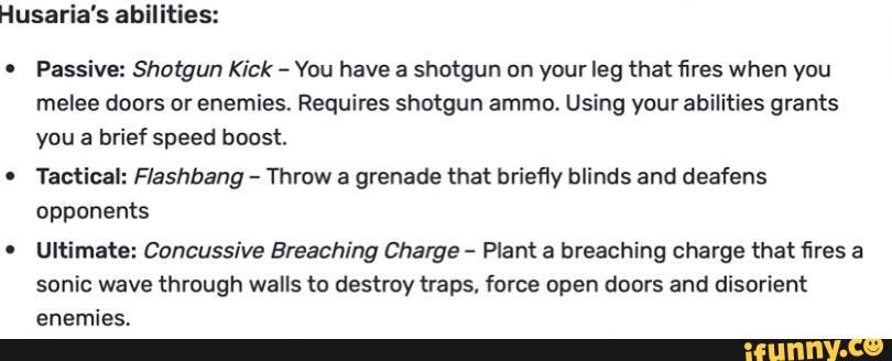 Husaria's abilities: Passive: Shotgun Kick You have a shotgun on your ...