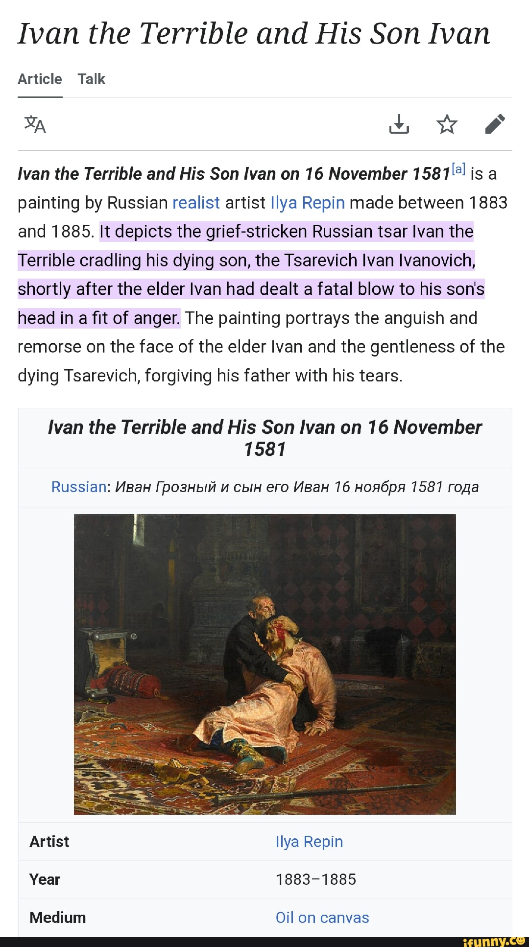 Ivan the Terrible and His Son Ivan Article Talk XA oo Ww Ivan the ...