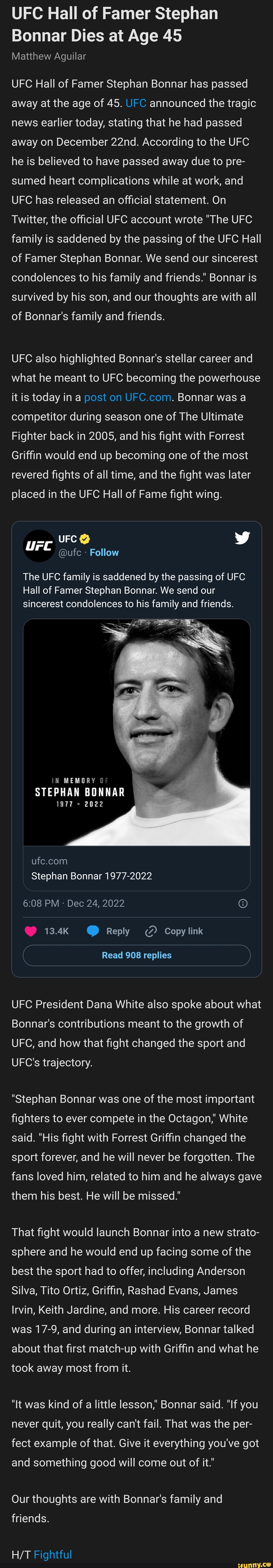 UFC Hall of Famer Stephan Bonnar Dies at Age 45 Matthew Aguilar UFC ...