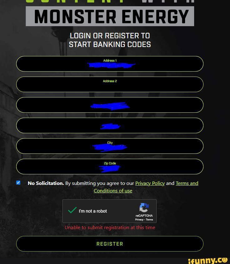 MONSTER ENERGY I LOGIN OR REGISTER TO START BANKING CODES 'Aderese 1 ...