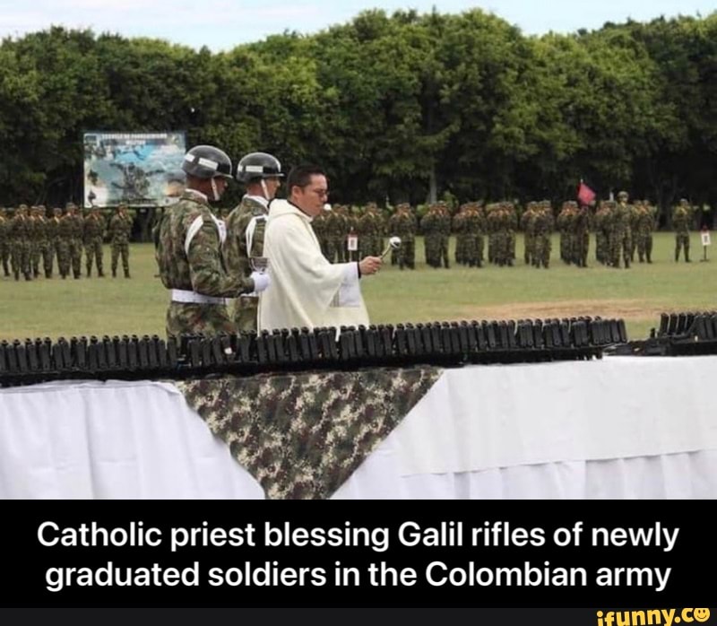 Catholic priest blessing Galil rifles of newly graduated soldiers in ...