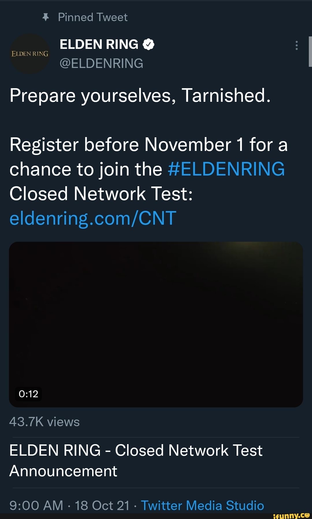 Pinned Tweet ELDEN RING @ @ELDENRING ELDEN RING Prepare yourselves, Tarnished. Register before ...