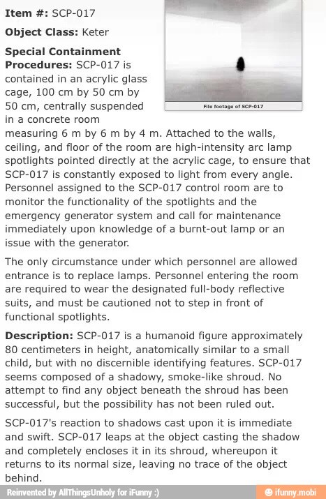 Object Class: Keter Special Containment Procedures: SCP-017 is 4 ...