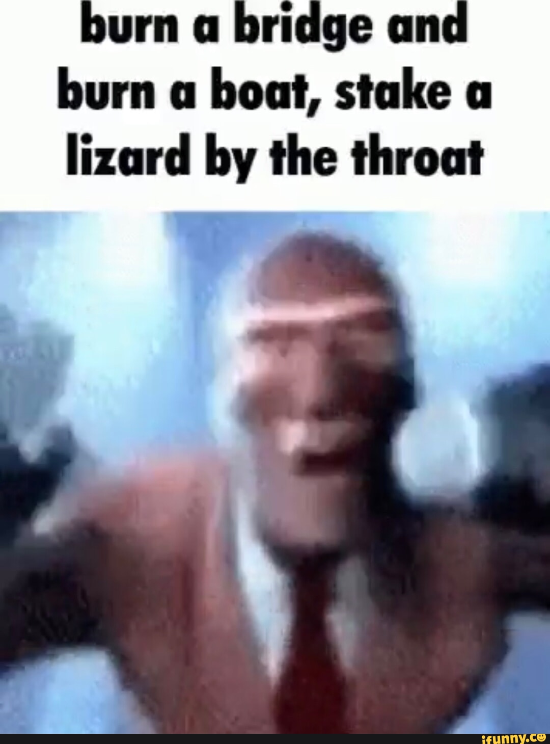 Burn a bridge and burn a boat, stake a lizard by the throat - iFunny