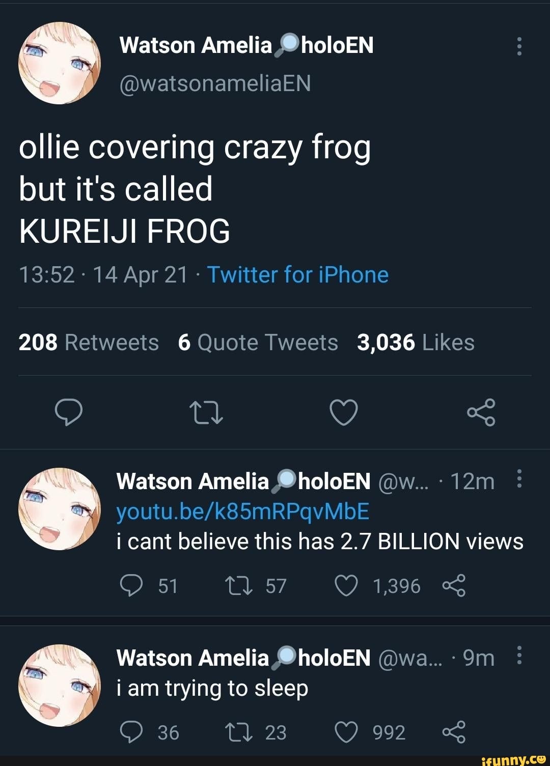 Watson Amelia holoEN ollie covering crazy frog but it's called KUREIJI FROG 14 Apr 21 - Twitter ...