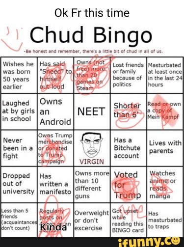 Ok Fr this time Chud Bingo Be honest and remember, there's bit of chud ...
