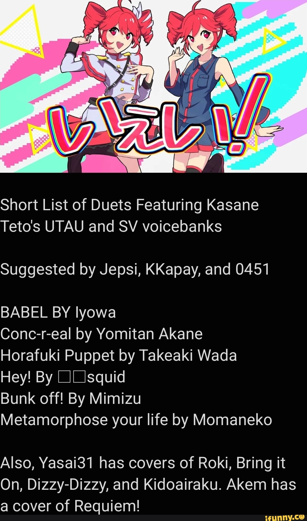 Short List of Duets Featuring Kasane Teto's UTAU and SV voicebanks ...