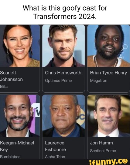 What is this goofy cast for Transformers 2024. Scarlett Chris Hemsworth ...