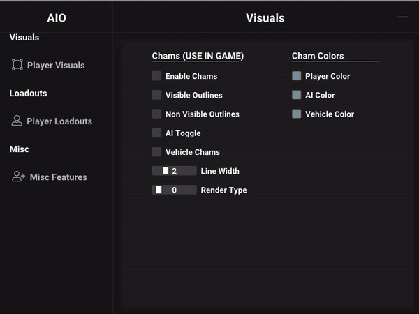 Visuals Visuals Chams (USE IN GAME) Cham Colors AIS Player Visuals Enable Chams Player Color ...