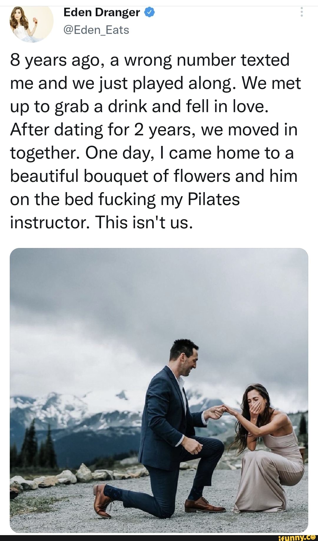 Eden Dranger @Eden Eats 8 years ago, a wrong number texted me and we just played along. We met ...