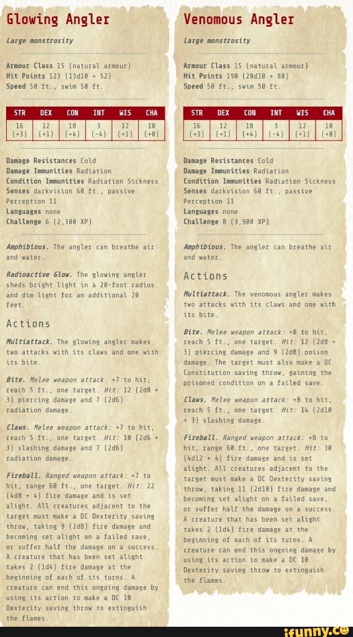 Glowing Angler Large monstrosity Armour Class 15 (natural armour) Hit ...