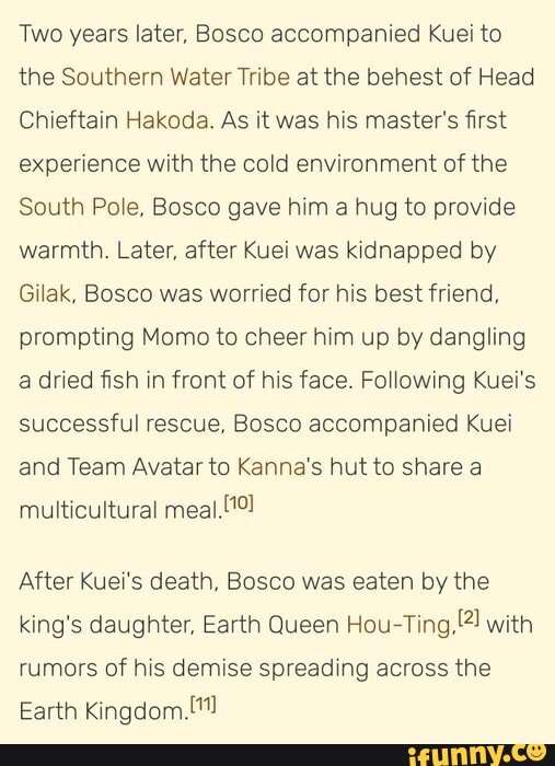 Two years later, Bosco accompanied Kuei to the Southern Water Tribe at ...