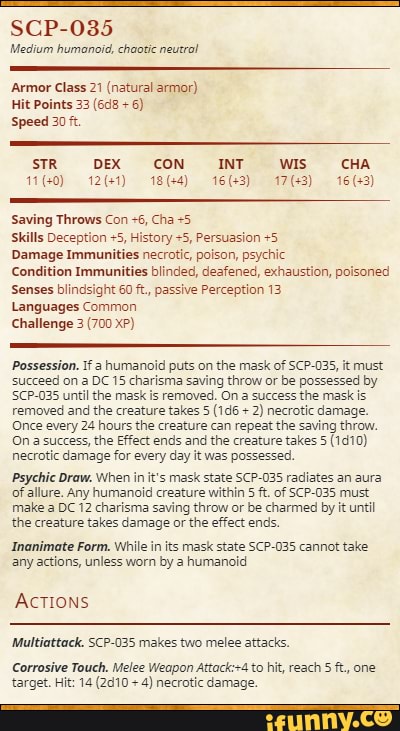 SCP-035 - SCP-035 Medium humanoid, chaotic neutral Armor Class 21 ...