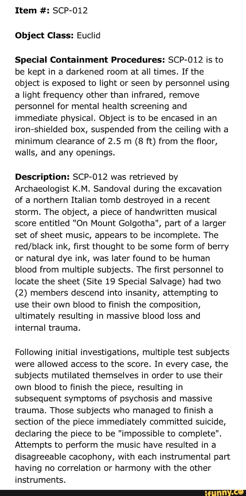 Item SCP-012 Object Class: Euclid Special Containment Procedures: SCP ...