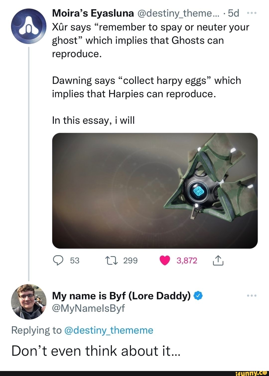 Moira's Eyasluna @destiny theme... Xdr says "remember to spay or neuter ...