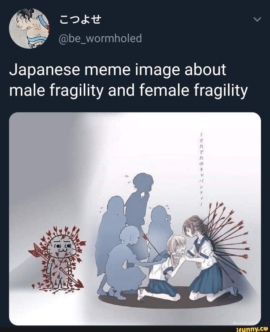Japanese meme image about male fragility and female fragility - iFunny