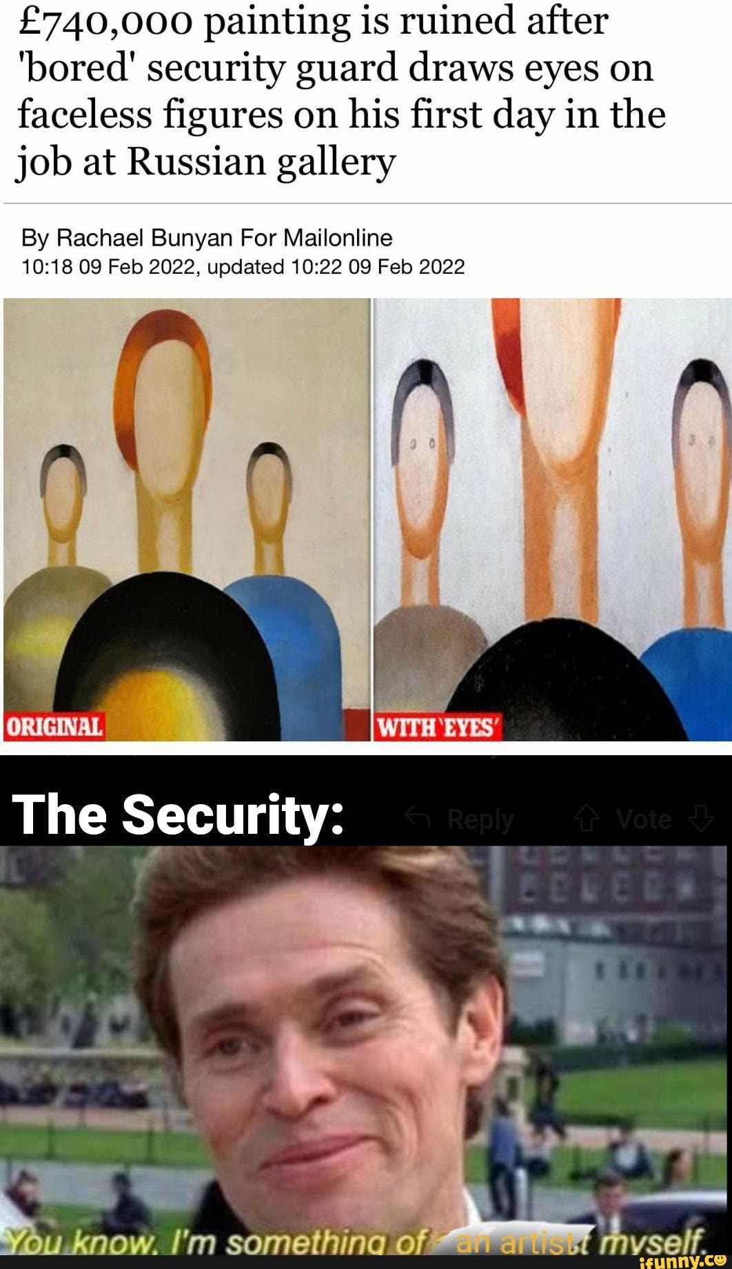 Painting is ruined after 'bored' security guard draws eyes on faceless ...