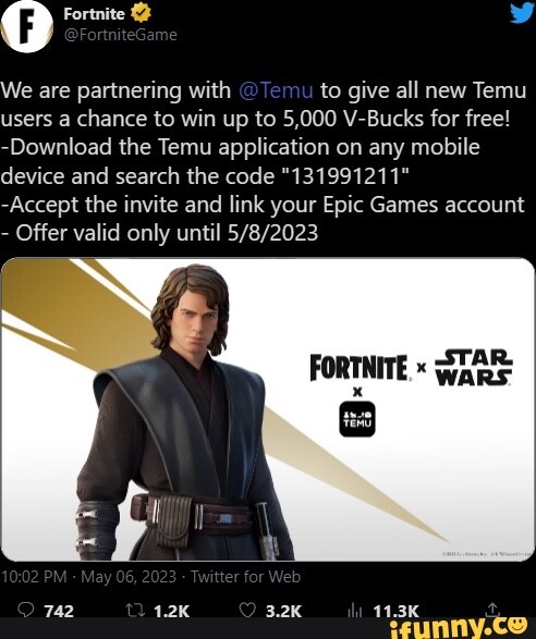 Q Fortnite We are partnering with @Temu to give all new Temu users a ...