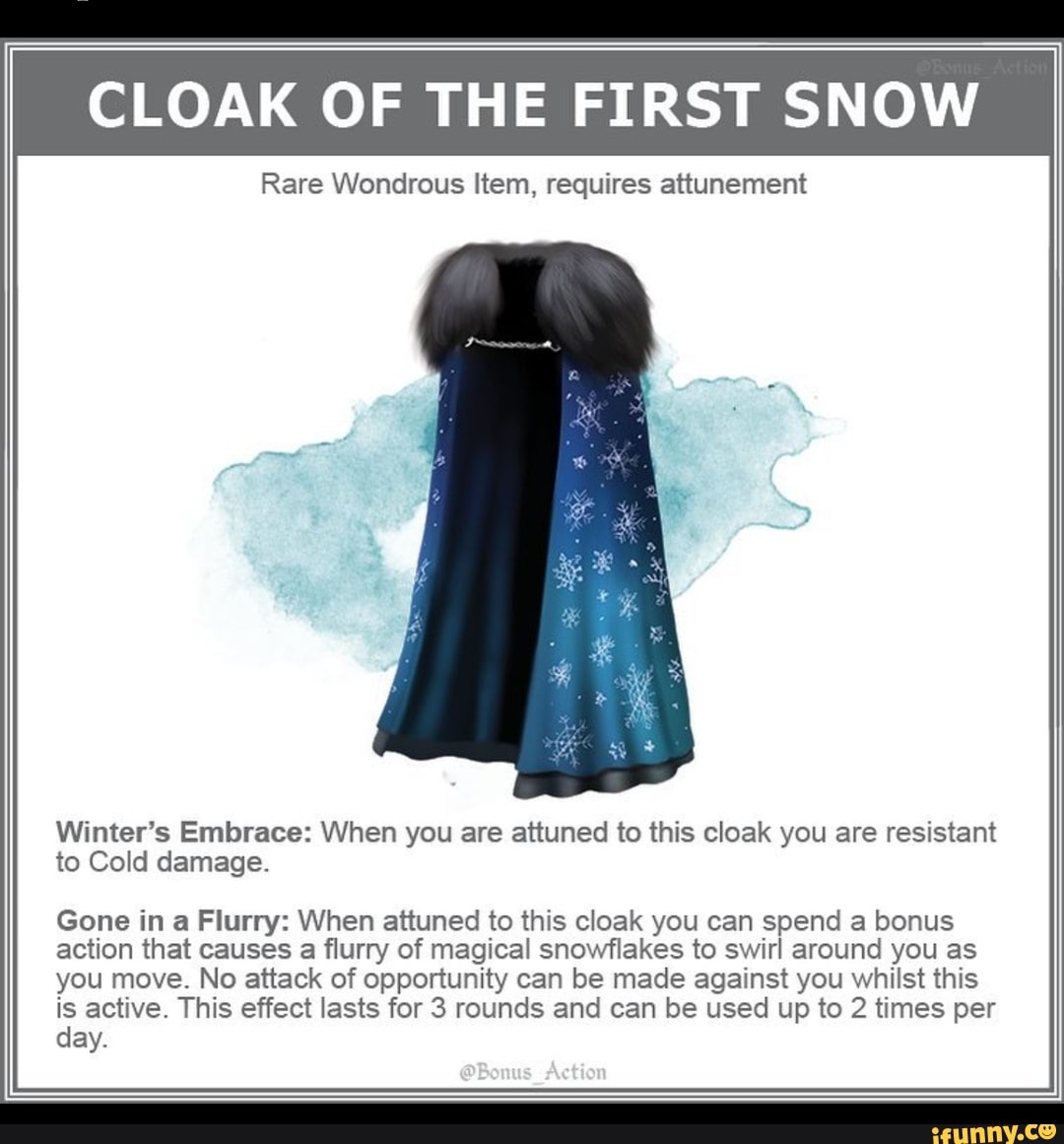 CLOAK OF THE FIRST SNOW Rare Wondrous Item, requires attunement Winter ...