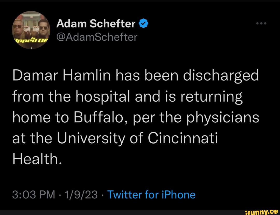 Adam Schefter @ Damar Hamlin has been discharged from the hospital and ...