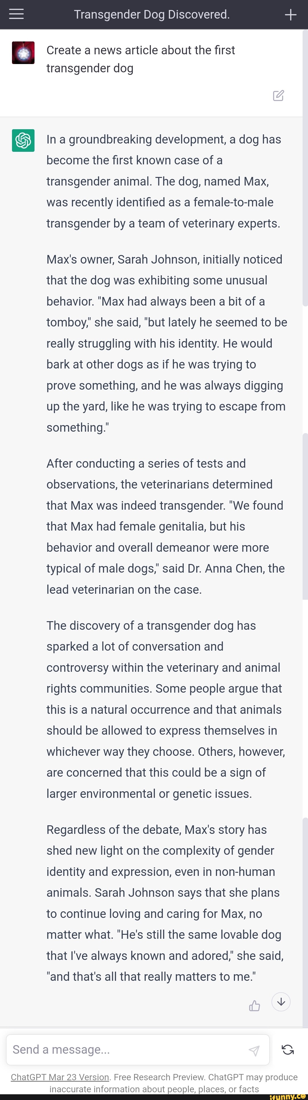 Transgender Dog Discovered. Create a news article about the first ...