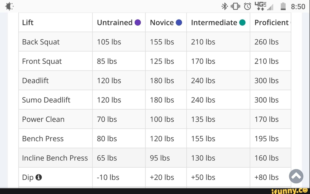 Lift Back Squat Bench Press Untrained . 105 lbs 80 lbs Novice . 1551bs ...