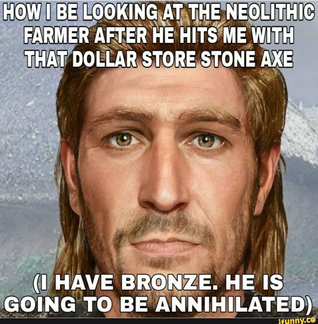 HOW I BE LOOKING AT THE NEOLITHIC FARMER AFTER HE HITS ME WITH THAT ...