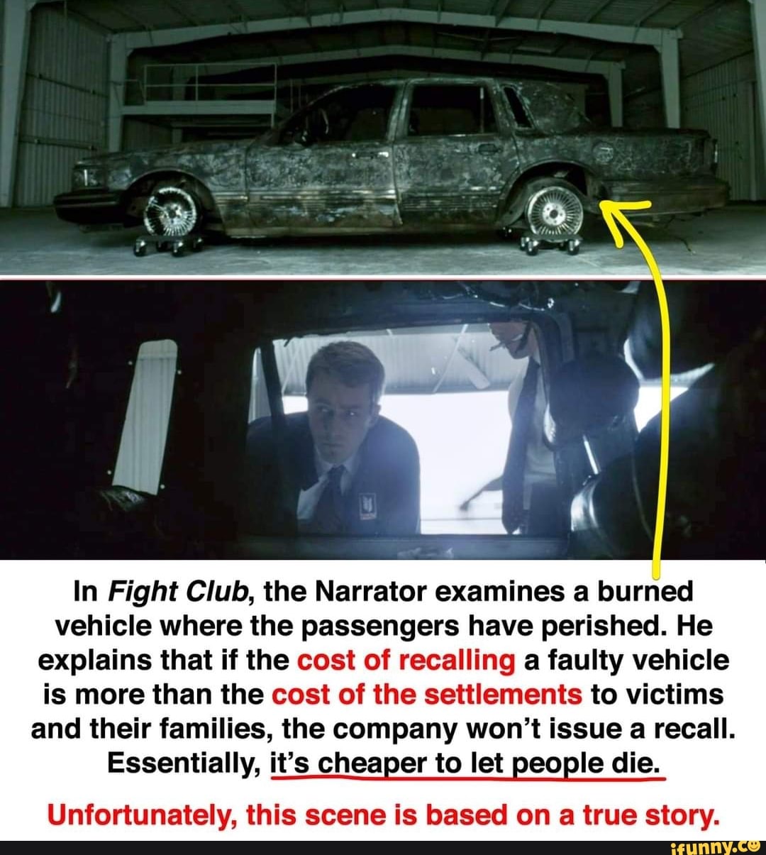 In Fight Club, the Narrator examines a burned vehicle where the ...