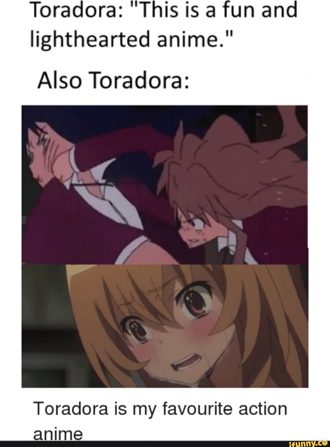 Toradora: "This is a fun and lighthearted anime." Also Toradora ...