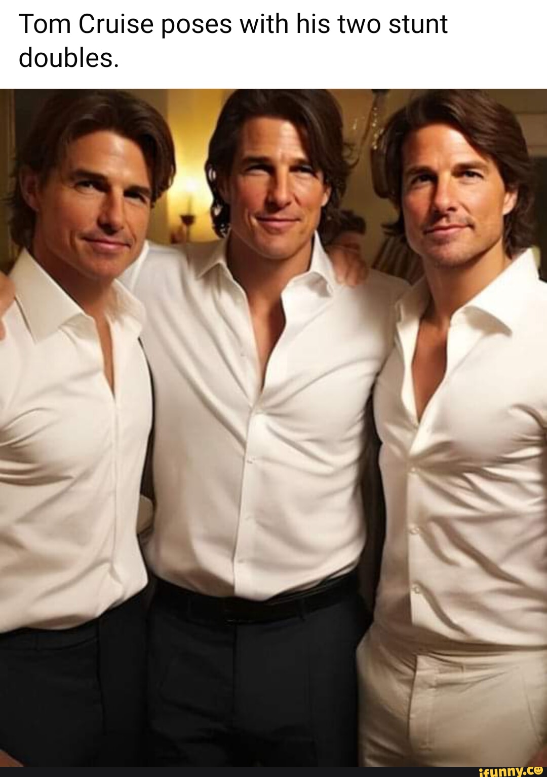 Tom Cruise poses with his two stunt doubles. - iFunny