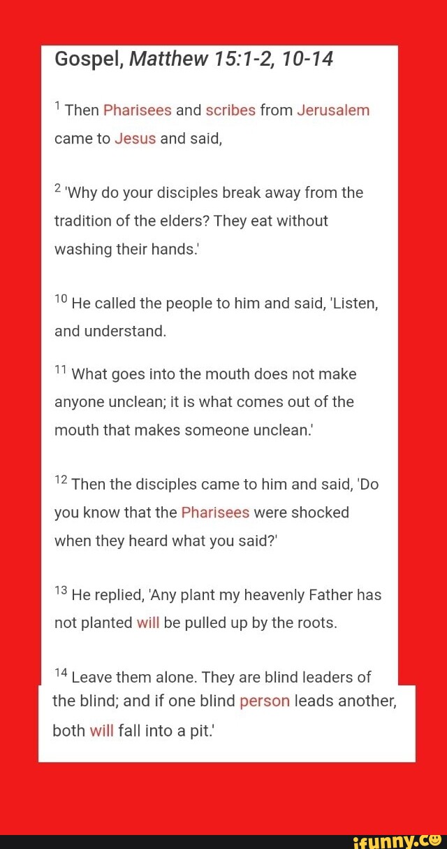 Gospel, Matthew 10-14 Then Pharisees and scribes from Jerusalem came to ...