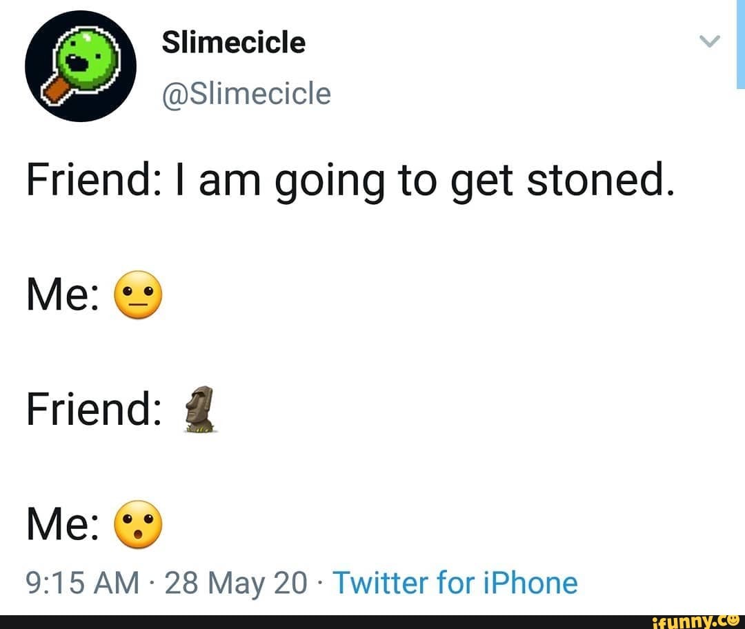 Slimecicle @Slimecicle Friend: I am going to get stoned. Me: Friend ...