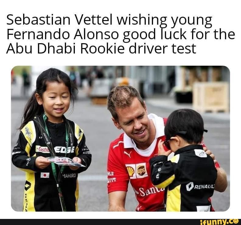 Sebastian Vettel wishing young Fernando Alonso good luck for the Abu ...
