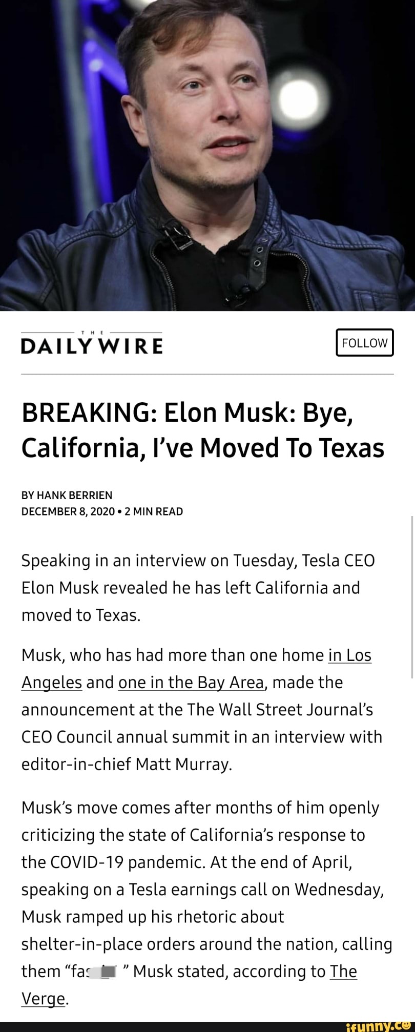 DAILY WIRE BREAKING: Elon Musk: Bye, California, I've Moved To Texas BY ...
