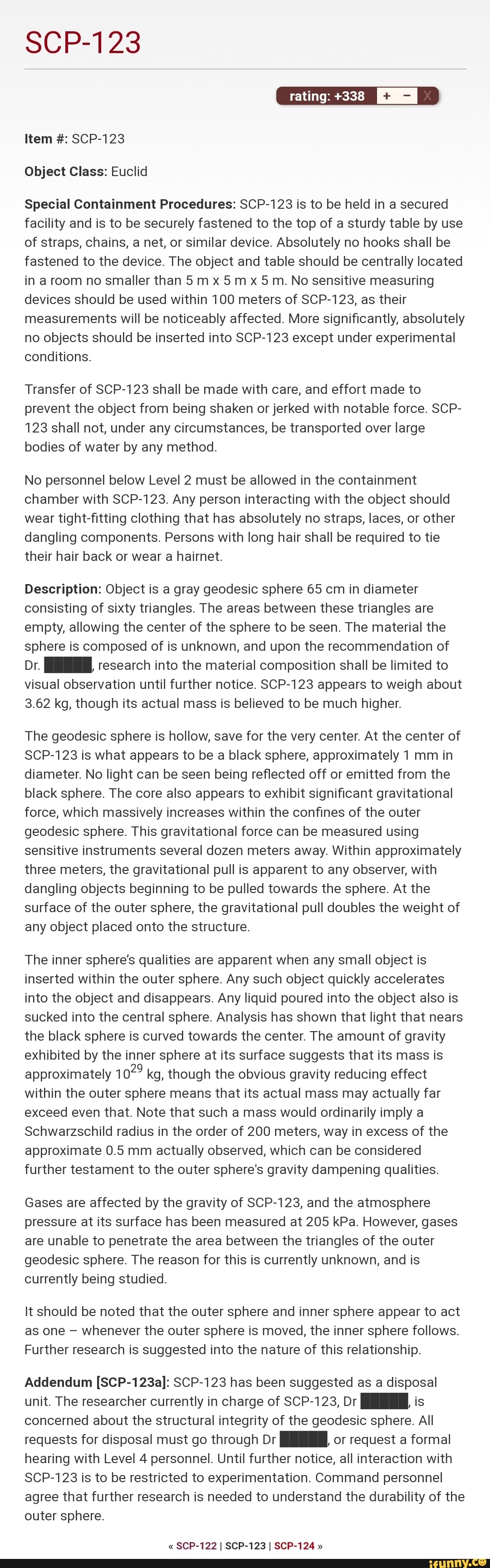 SCP-123 Item SCP-123 Object Class: Euclid rating: +338 Special ...