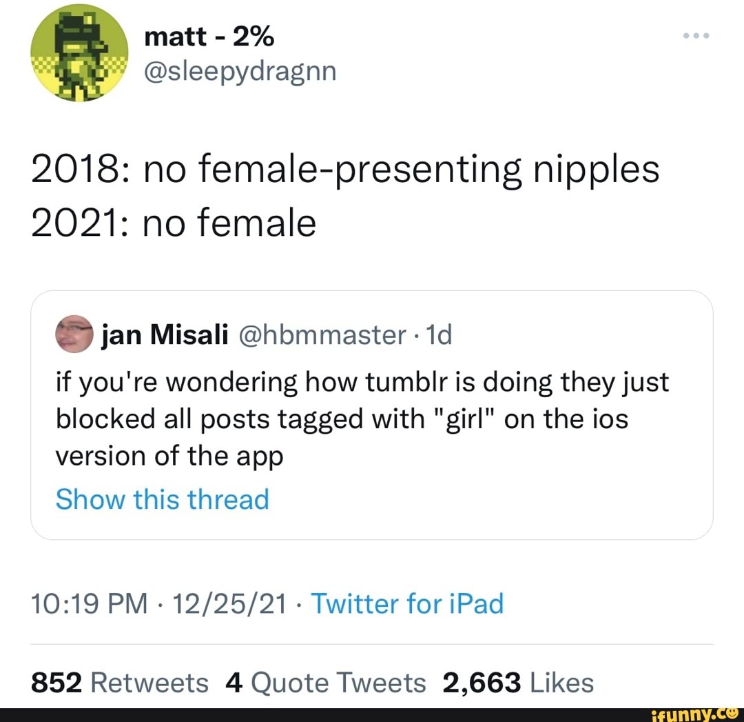 Matt - @sleepydragnn 2018: no female-presenting nipples 2021: no female jan Misali @hbmmaster id ...