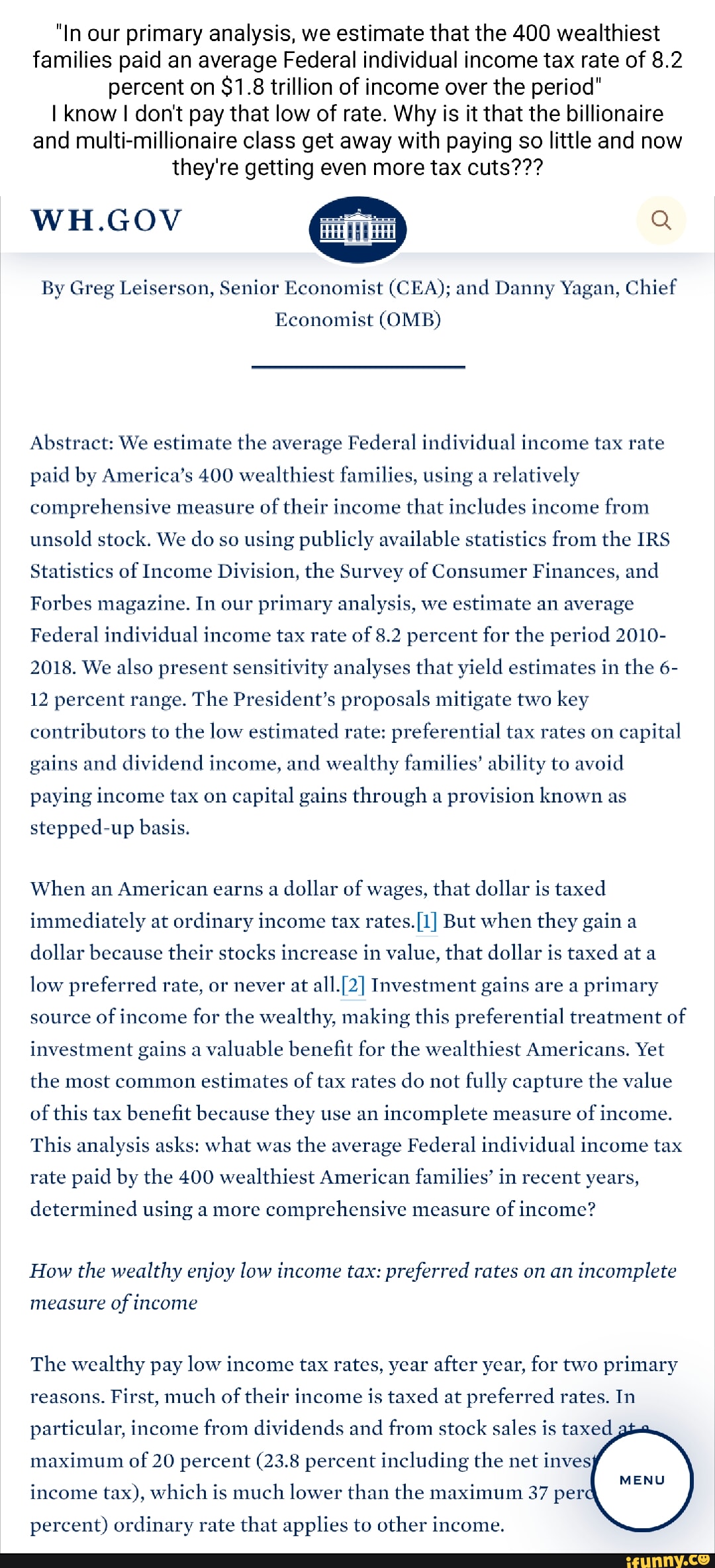 "In our primary analysis, we estimate that the 400 wealthiest families ...