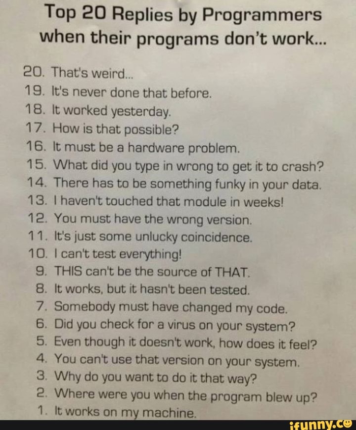 Top 20 Replies by Programmers when their programs don't work... 20. 19 ...