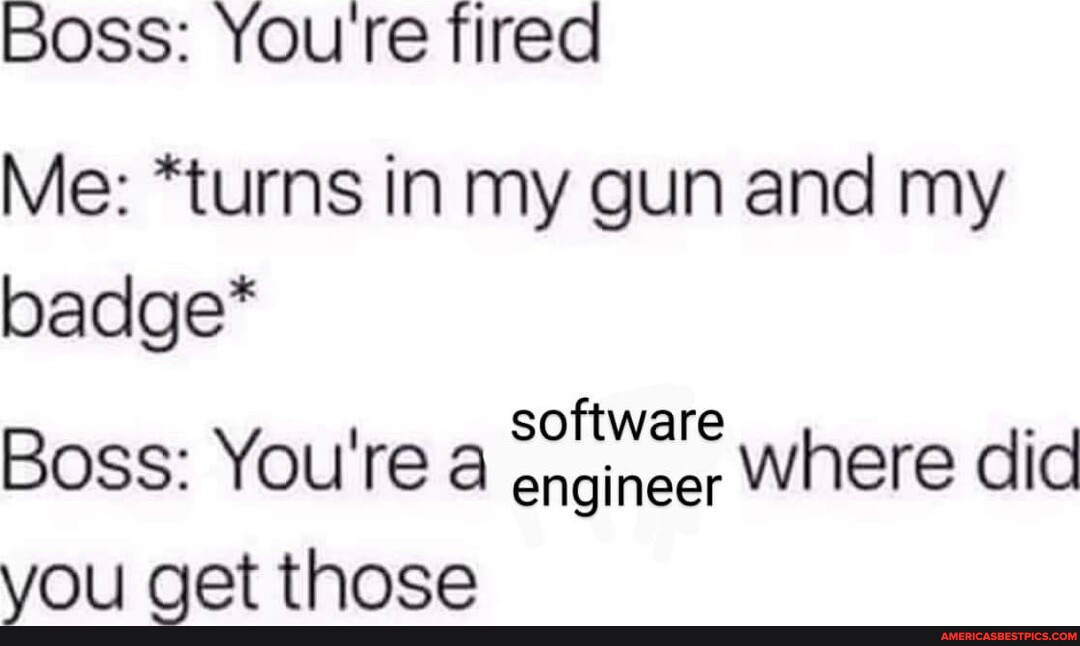 Boss: You re fired Me: *turns in my gun and my badge* software . Boss ...