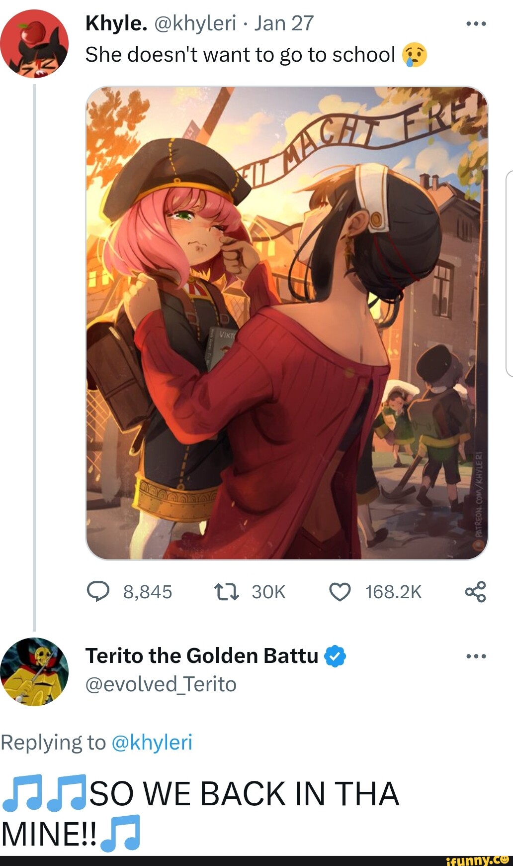 Khyle. @khyleri Jan 27 She doesn't want to go to school 8,845 tl 168.2K ...