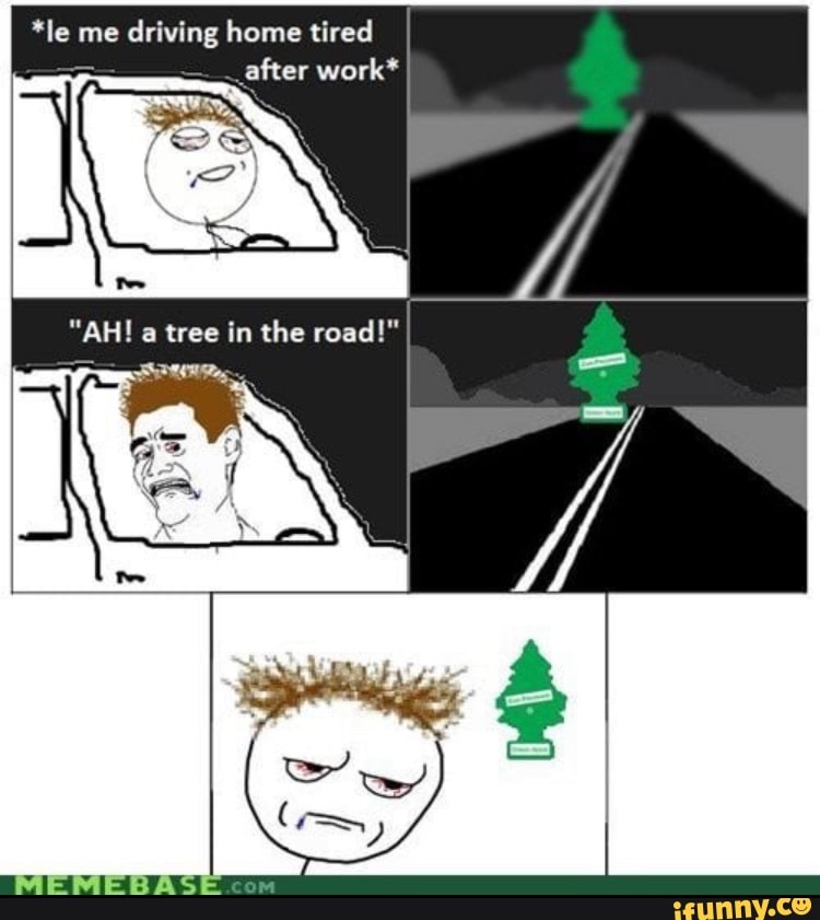 *le me driving home tired after "AH! a tree in the road!" - iFunny