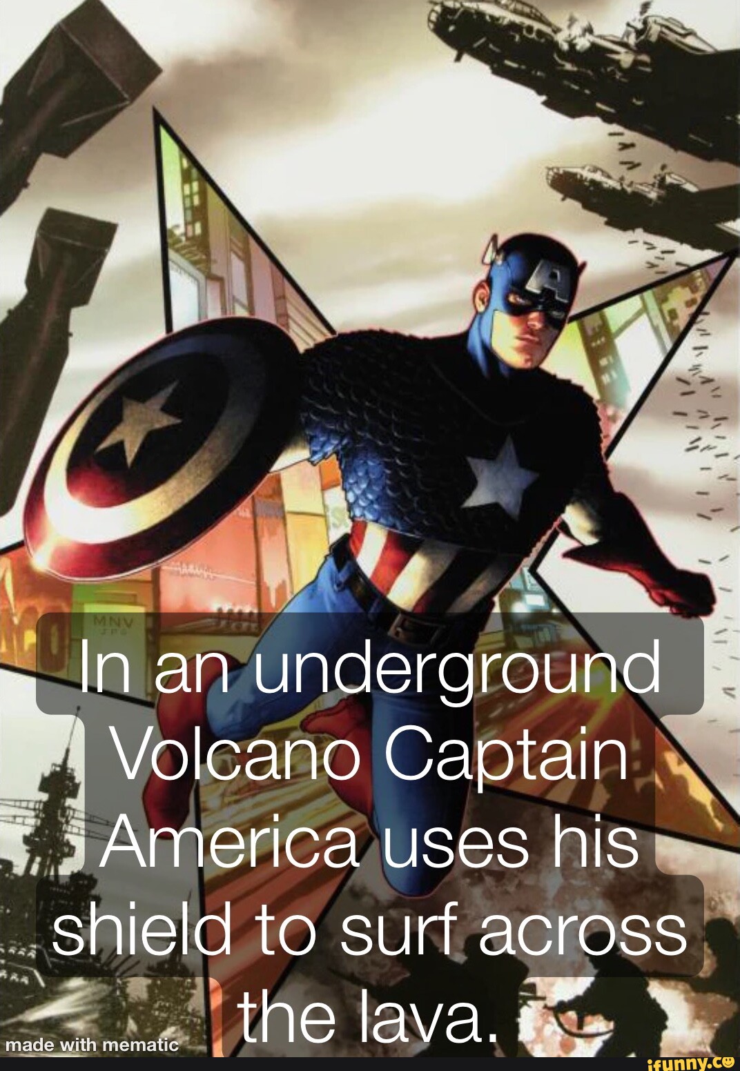 In an underground Volcano Captain America uses his shield to surf ...
