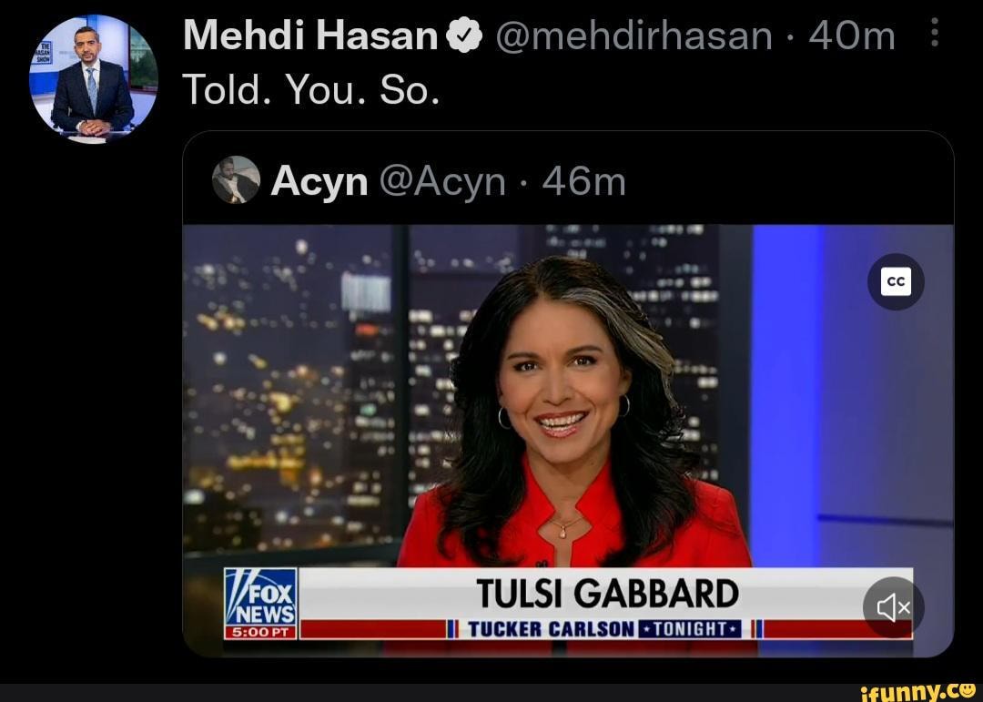 " Mehdi Hasan @ @mehdirhasan Told. You. So. TULS! GABBARD TUCKER ...